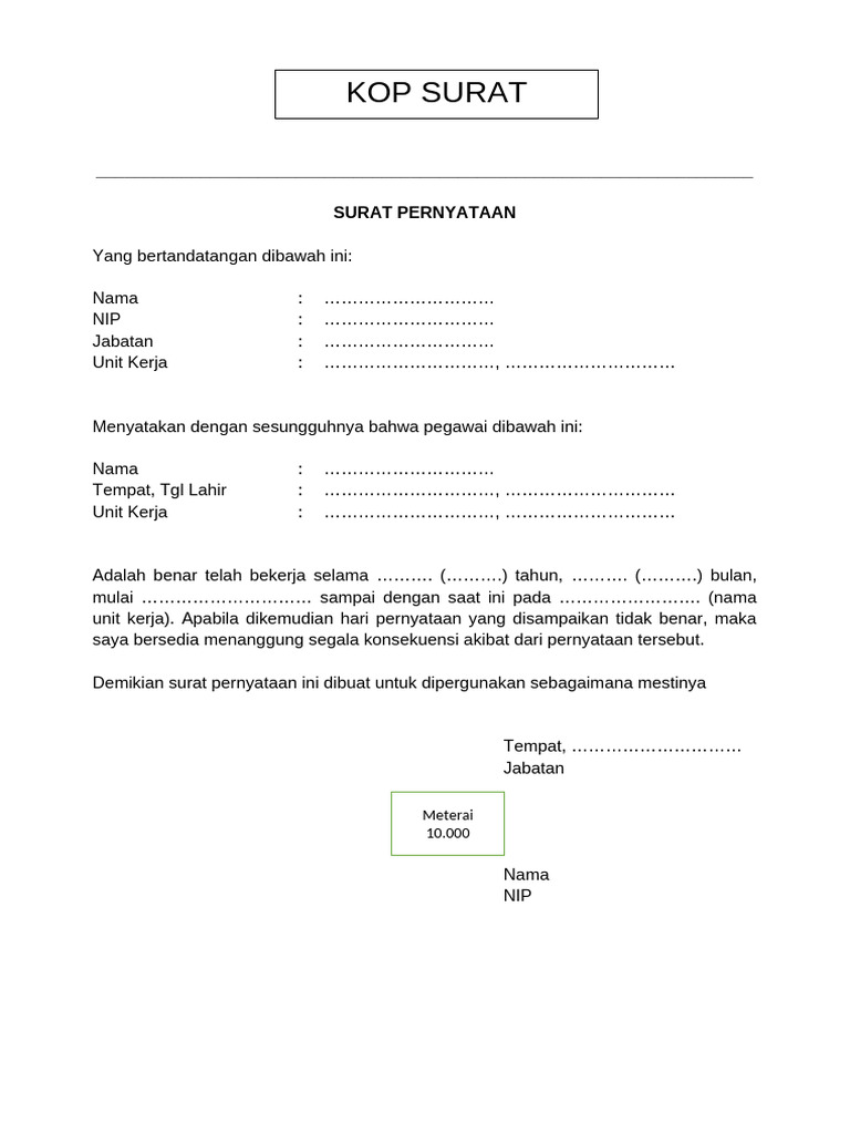 Lampiran Format Surat Pernyataan 2 Tahun Bekerja Kepala Satker | PDF