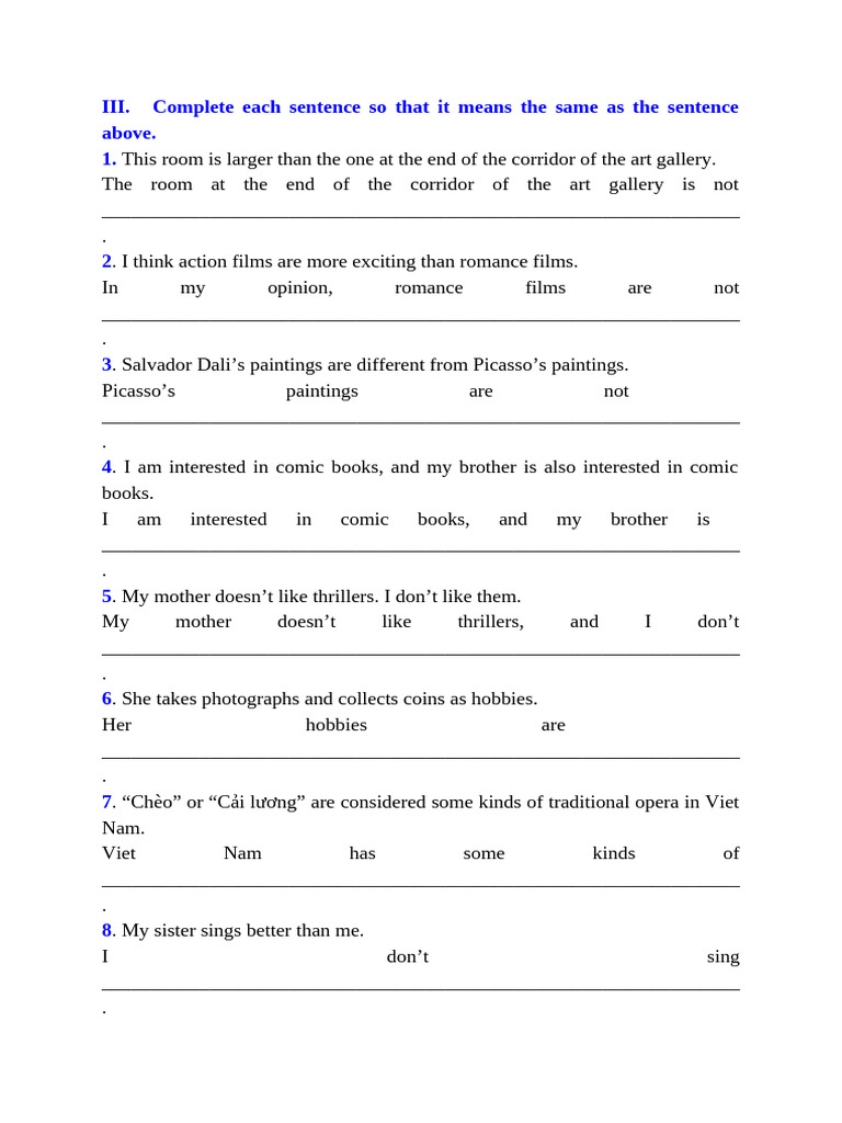Iii. Complete Each Sentence So That It Means The Same As The Sentence ...