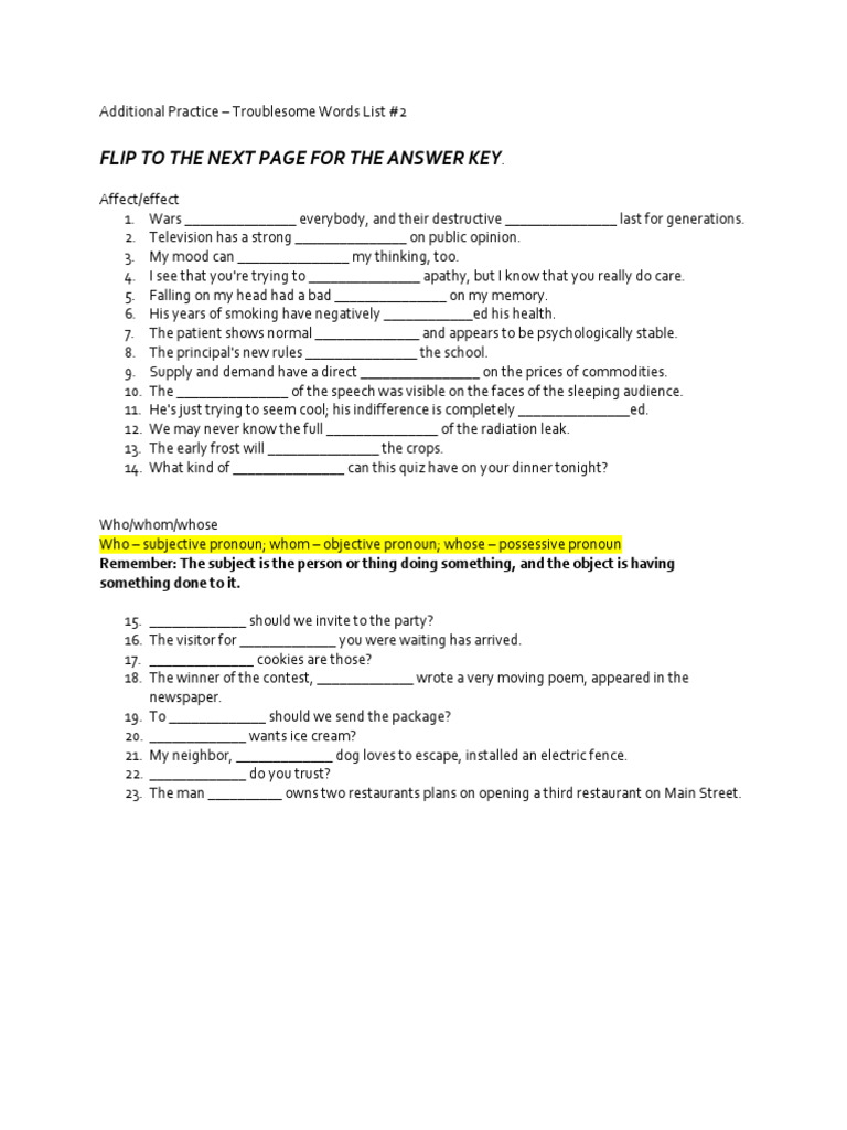 Additional Practice-Troublesome Words 2 | PDF