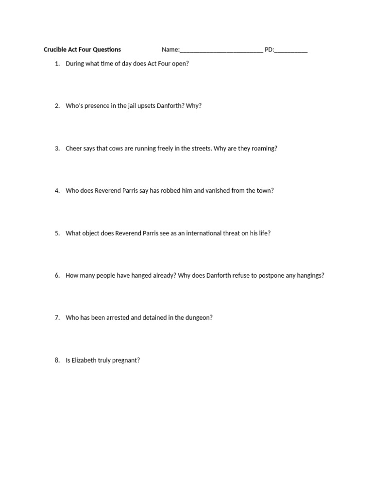 Act Four Questions for The Crucible | PDF | History