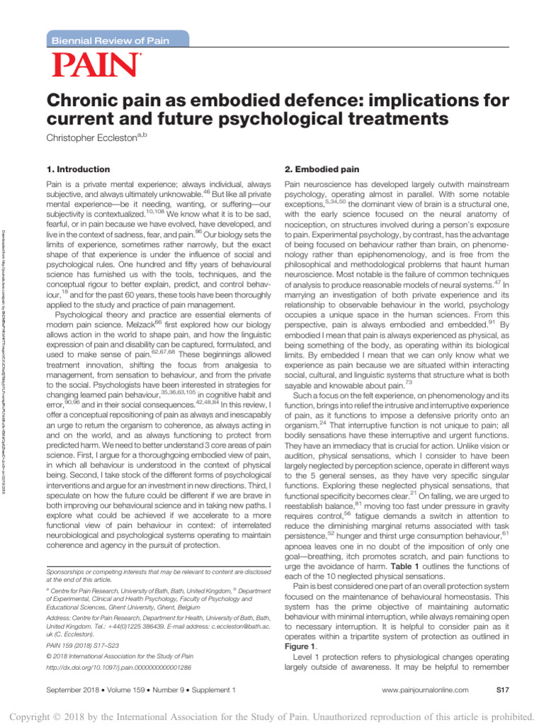 (2018) (Eccleston) Chronic Pain As Embodied Defence & Psychological Treatment | PDF