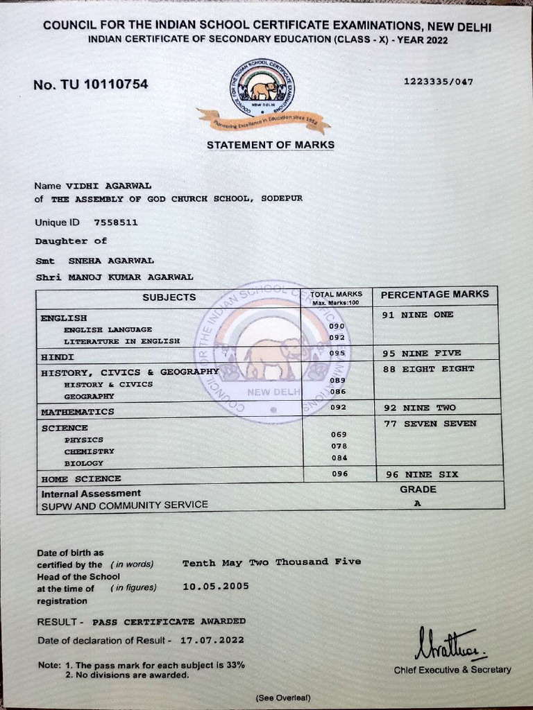 10th ISCE Marksheet - Compressed | PDF