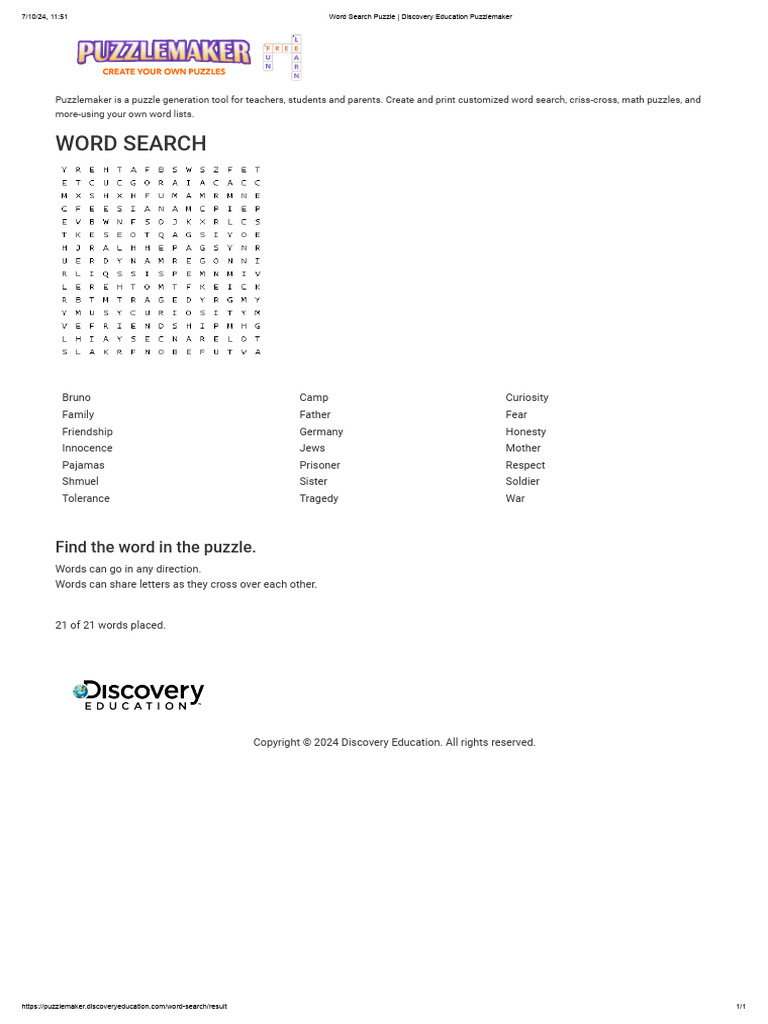 Word Search Puzzle - Discovery Education Puzzlemaker | PDF