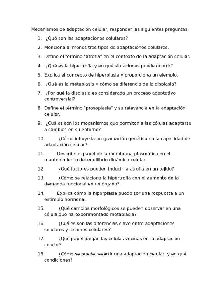 Mec. adaptación celular (cuestionario) | PDF