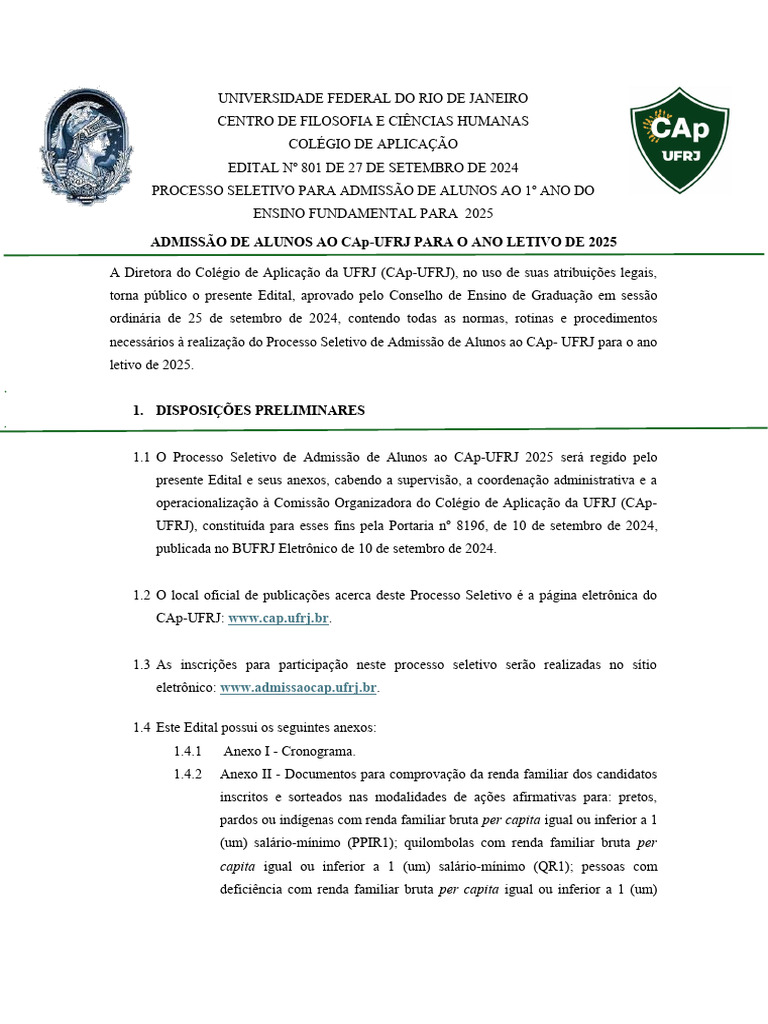 EF1ANO EDITAL ADMISSÃO DE ALUNOS AO CAp PARTE1 | PDF