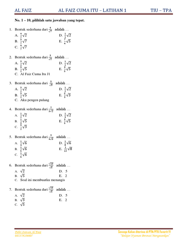 Al Faiz Al Faiz Cuma Itu Latihan 1 Tiu T | PDF