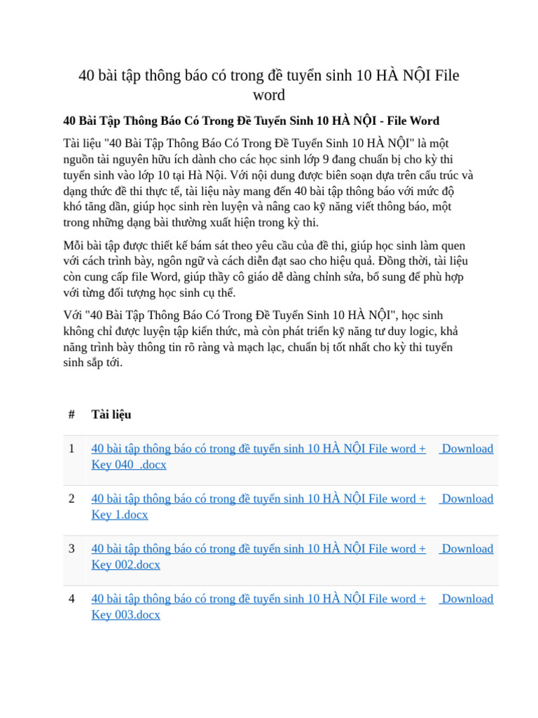 40 bài tập thông báo có trong đề tuyển sinh 10 HÀ NỘI File word | PDF
