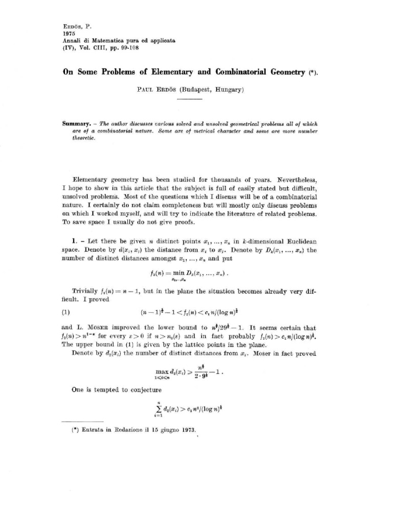 On Some Problems of Elementary and Combinatorial Geometry ( ) | PDF