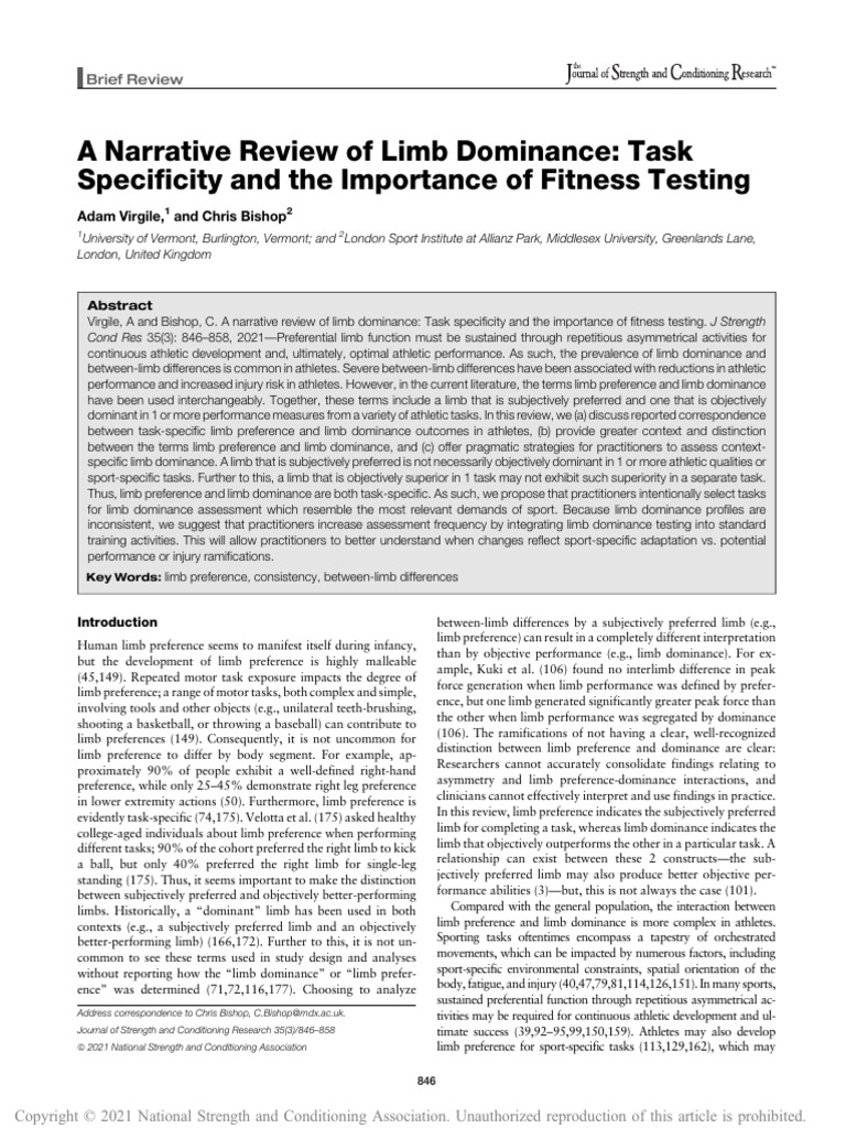 A Narrative Review of Limb Dominance Task.37 | PDF