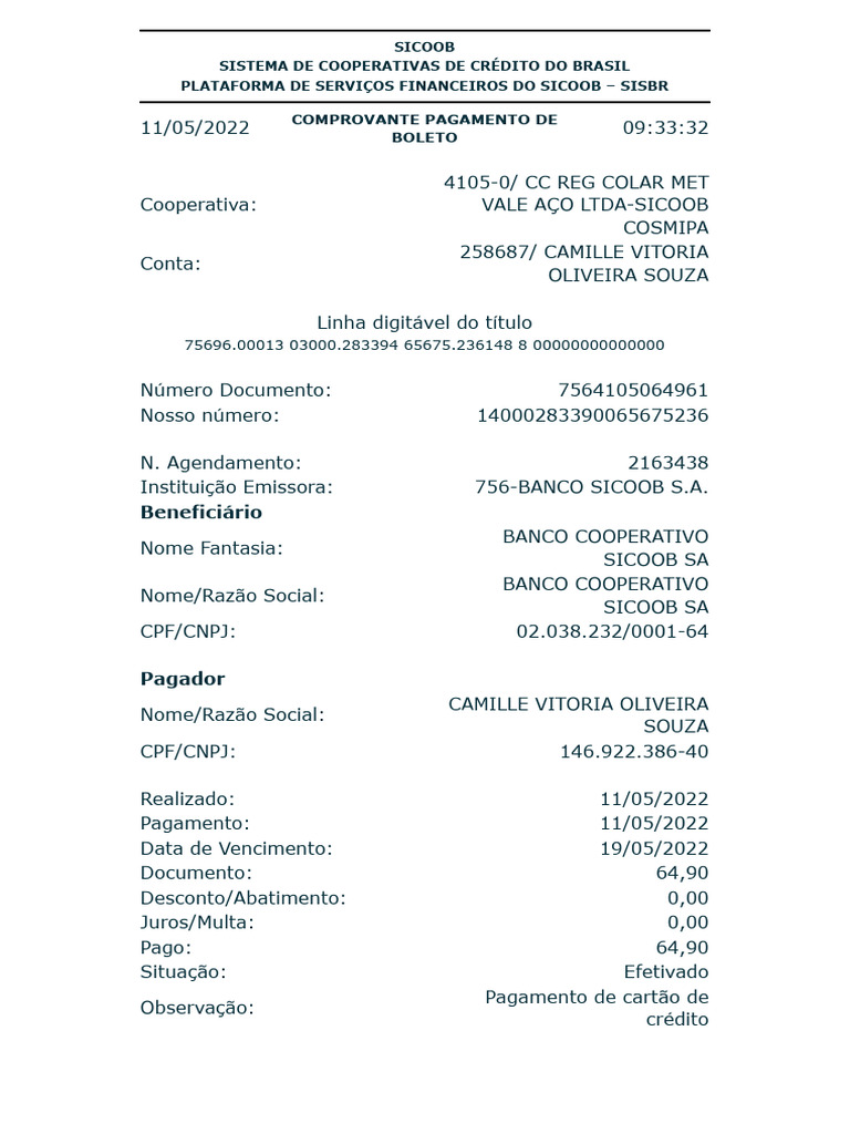 Sicoob Comprovante (11-05-2022 09-33-43) | PDF Sicoob Comprovante (11-05-2022 09-33-43) | PDF