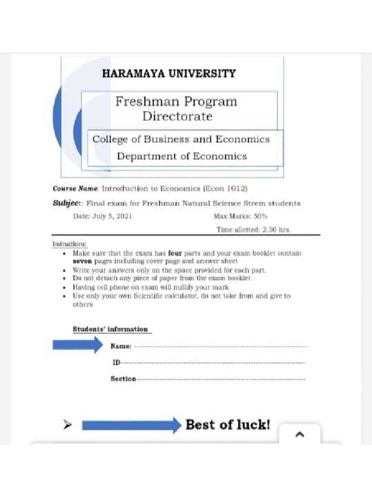 Economics Haramaya University Exam | PDF