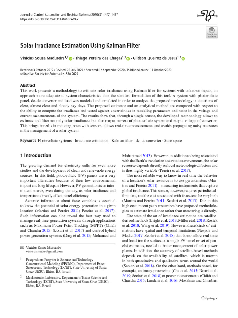 Solar Irradiance Estimation Using Kalman Filter Pdf