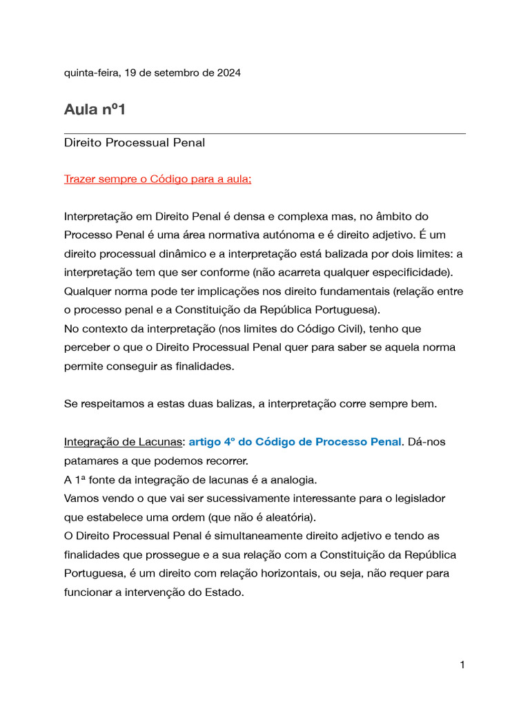 Direito Processual Penal: Aula 1 Resumo | PDF