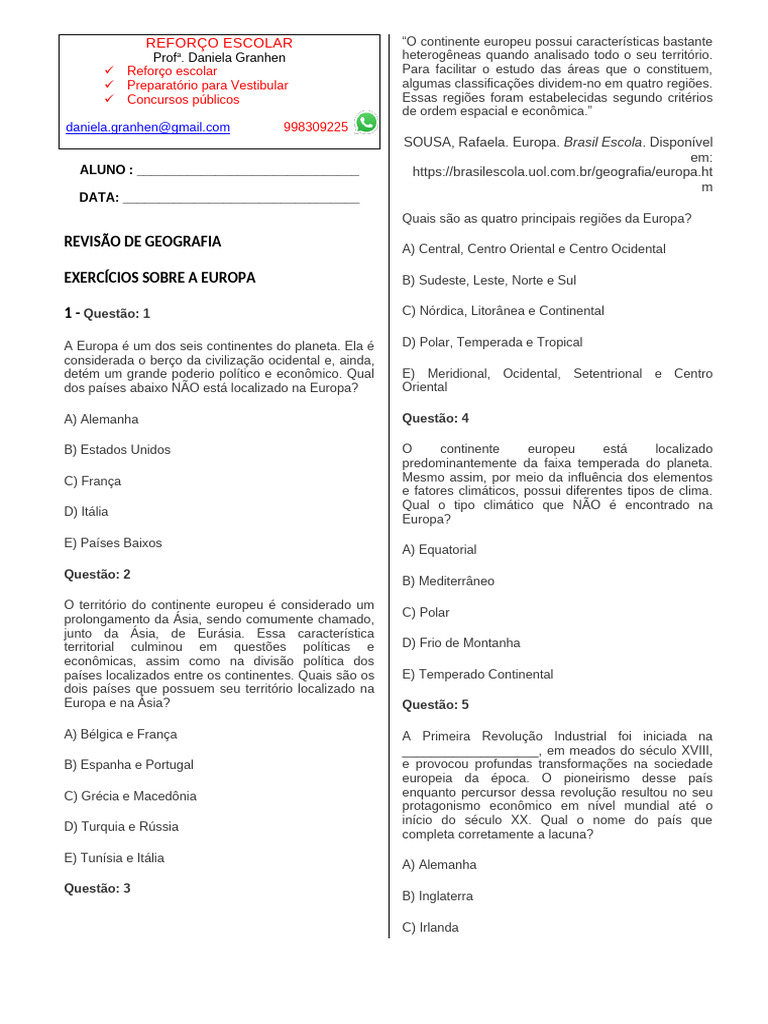 Geografia. Exercicios Sobre A Europa | PDF
