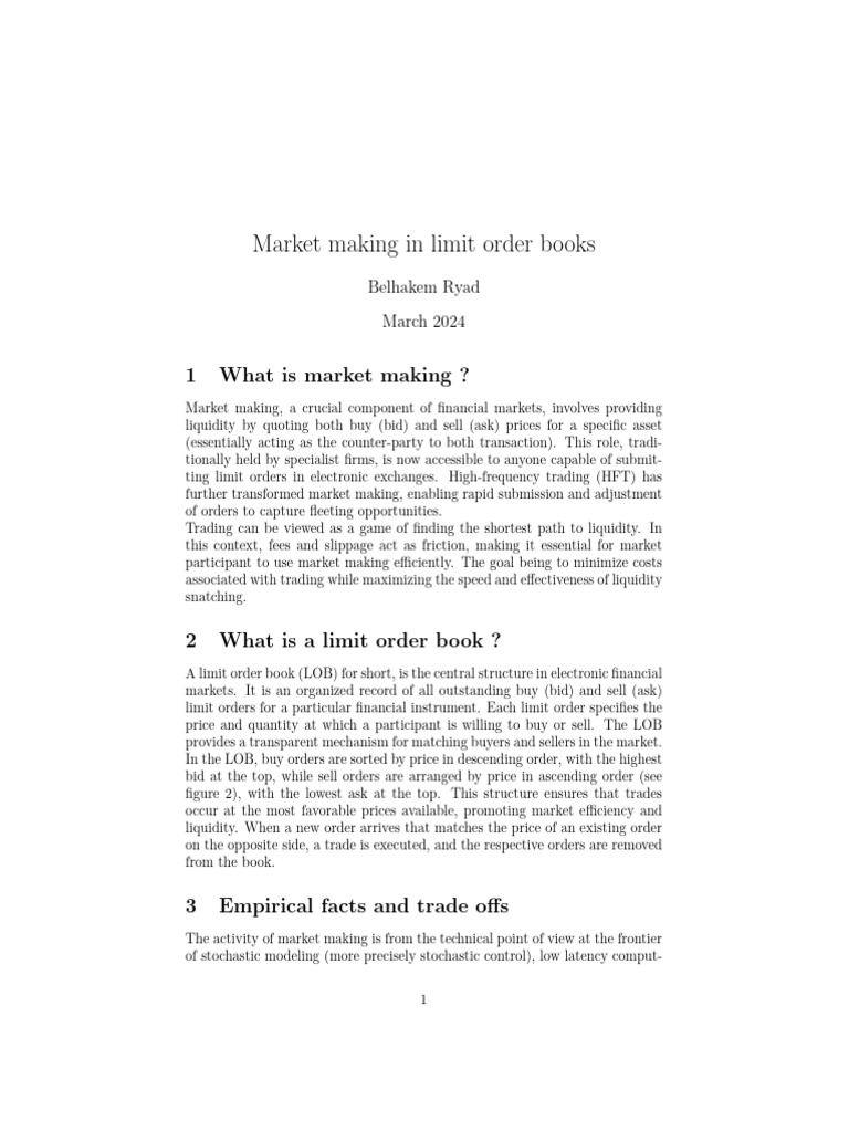 Market Making in Limit Order Books - Order - Placement - Strategy | PDF