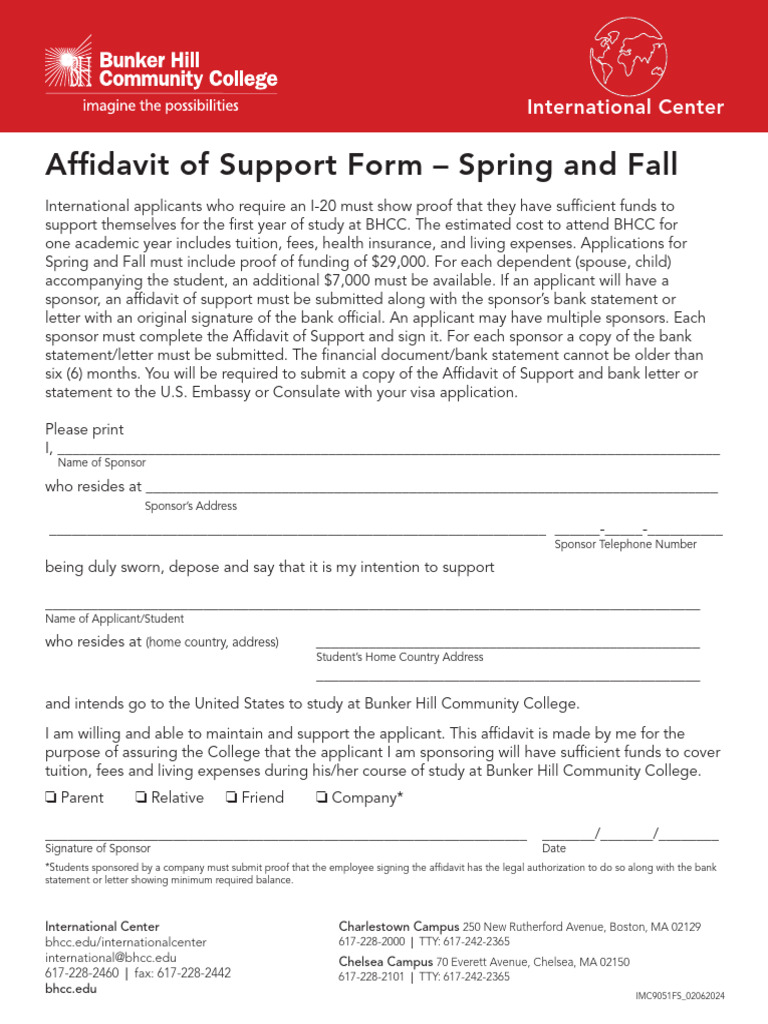 Affadavit of Support Fall Spring Fillable | PDF