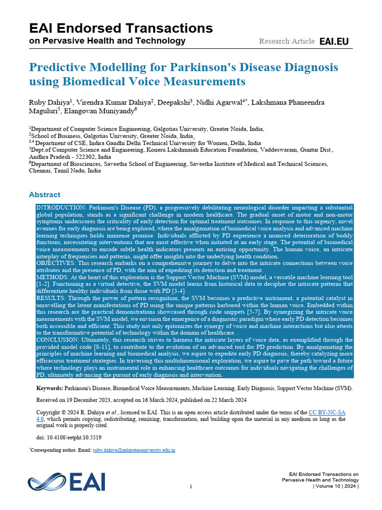 Predictive Modelling For Parkinsons Disease Diagn | PDF