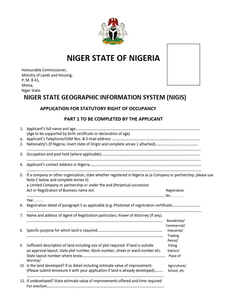 Niger State Statutory Land Application | PDF