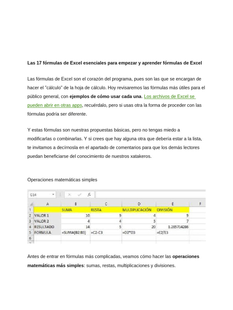 Las 17 Fórmulas de Excel Esenciales para Empezar y Aprender Fórmulas de Excel | PDF