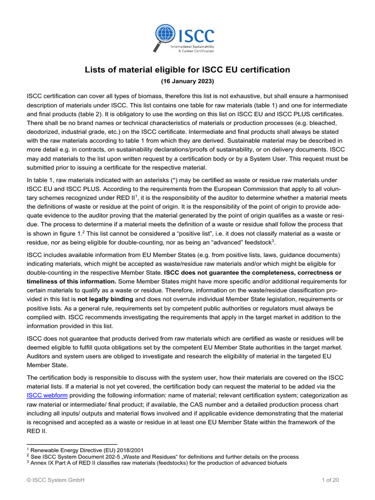 ISCC EU Material List Final 2.0 | PDF