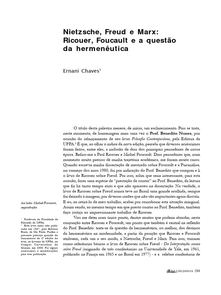 Nietzsche, Freud e Marx - Ricoeur, Foucault e A Questão Da Hermenêutica ...