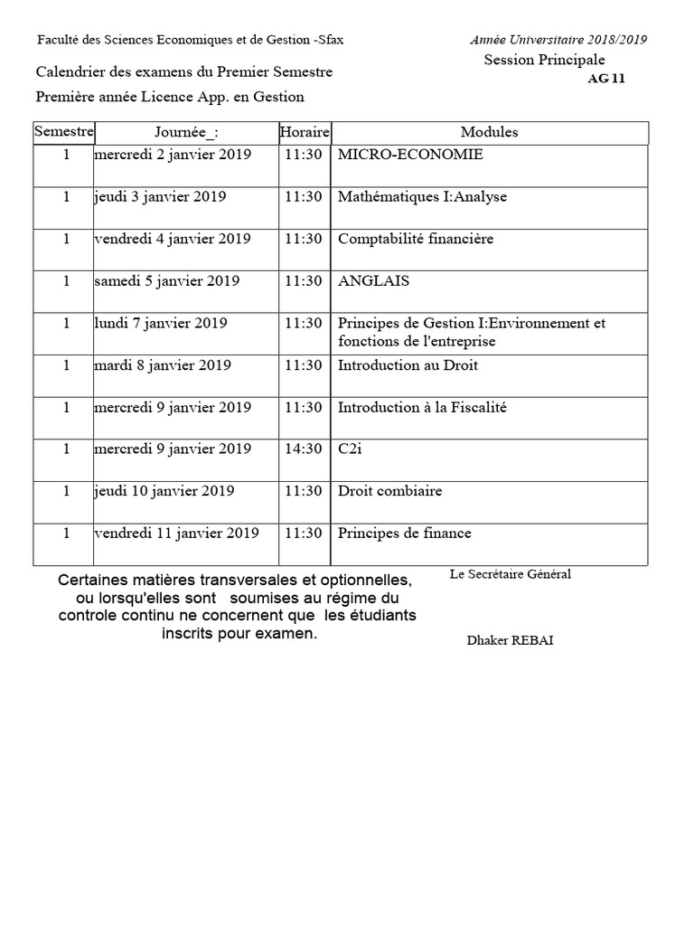 CalendrierExamen2018 2019 1S | PDF
