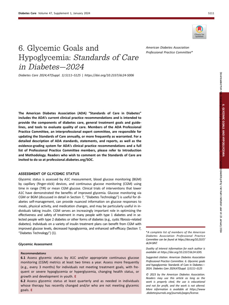 Glycemic Goals and Hypoglycemia - Standards of Care in Diabetes—2024 | PDF