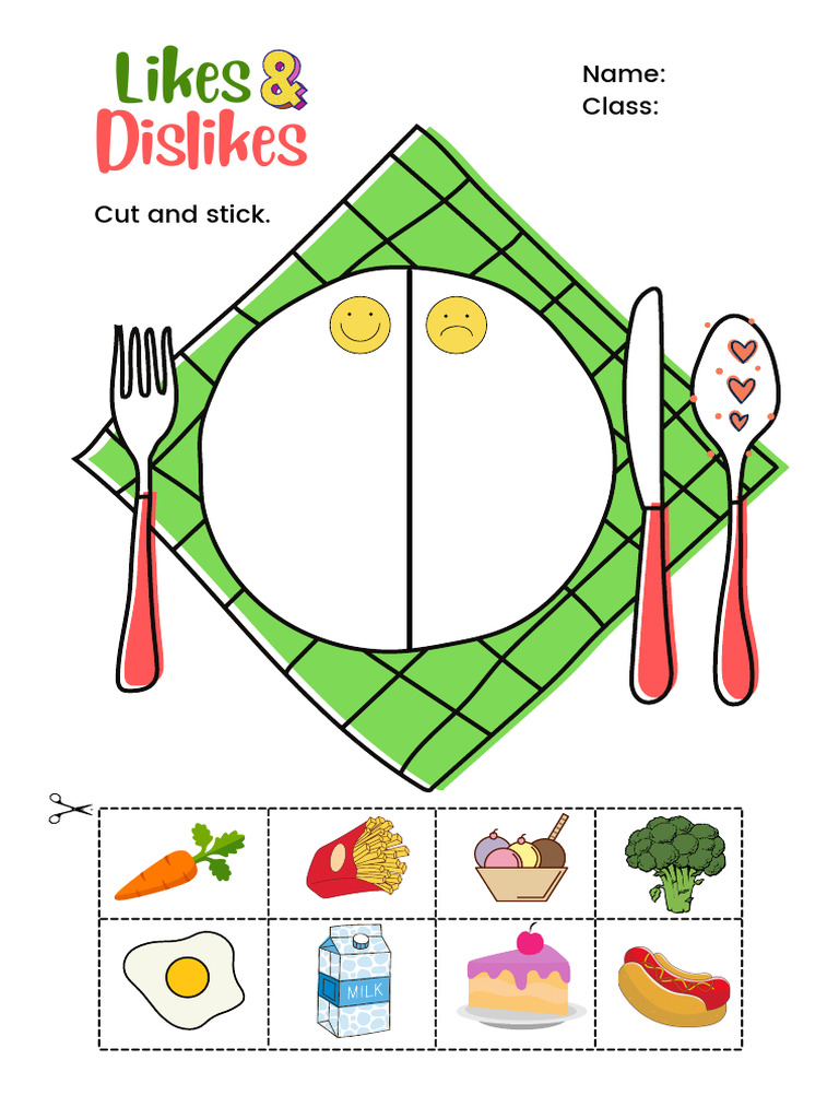 Colourful Crafting Cutting Likes & Dislikes Food English Worksheet | PDF