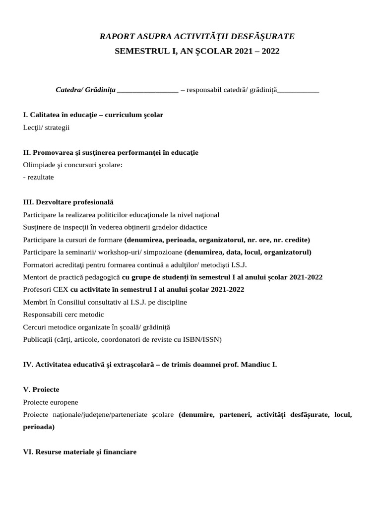 Structura Raport Anual-Semestrial | PDF
