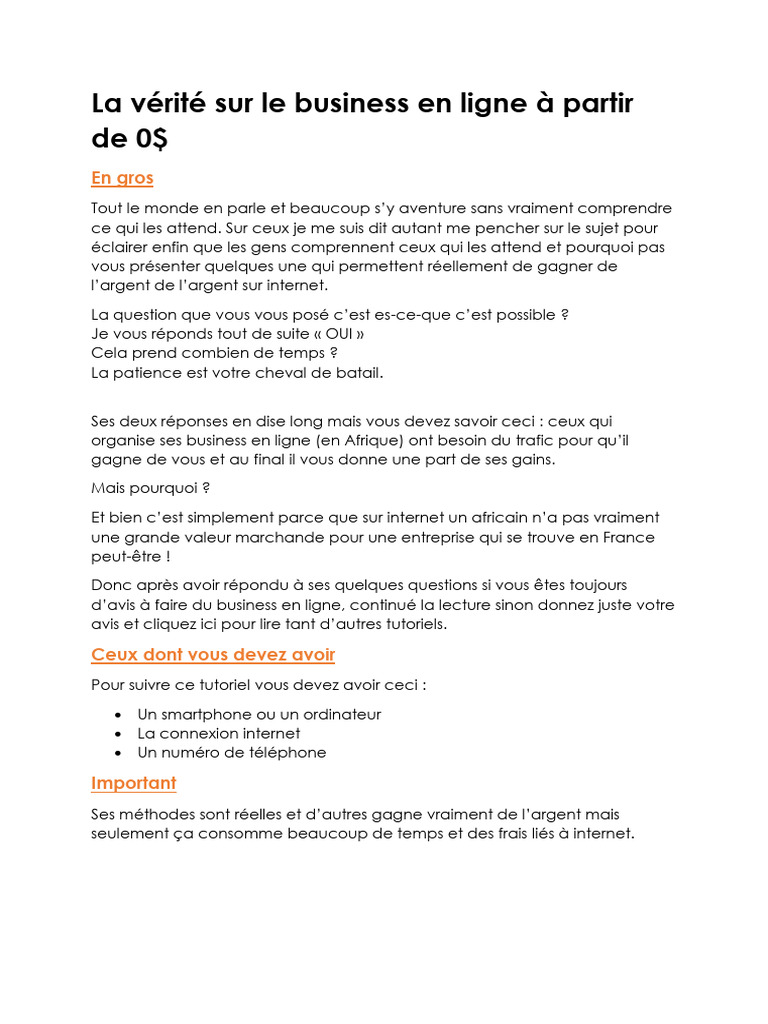 La V?rit? Sur Le Business en Ligne ? Partir de 0$ | PDF