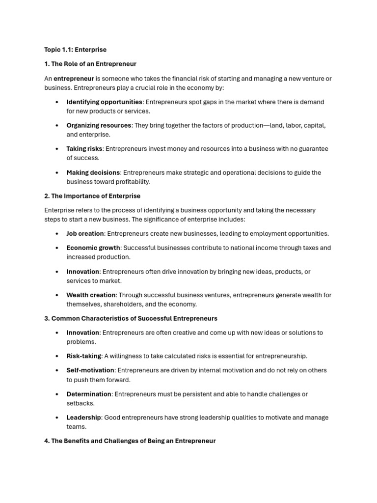 Cambridge A'level Business Topic 1.1 Enterprise Notes | PDF
