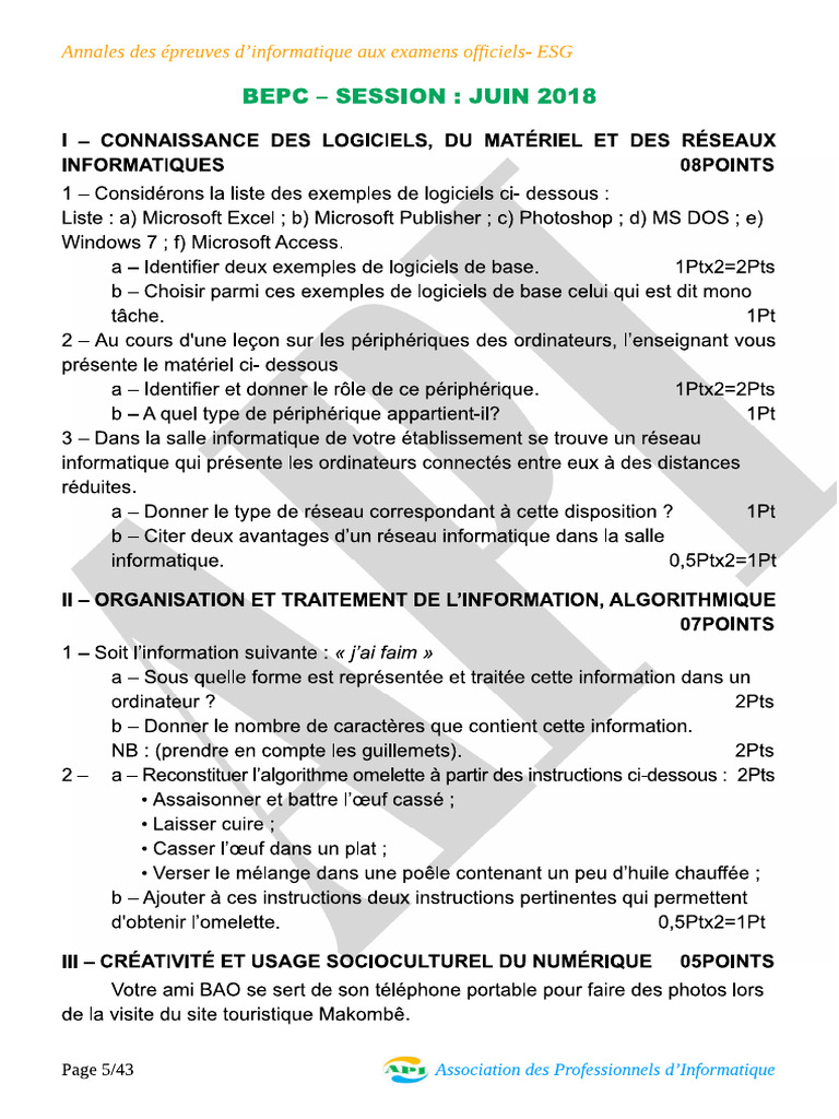 BEPC 2018 Info +corrigé | PDF