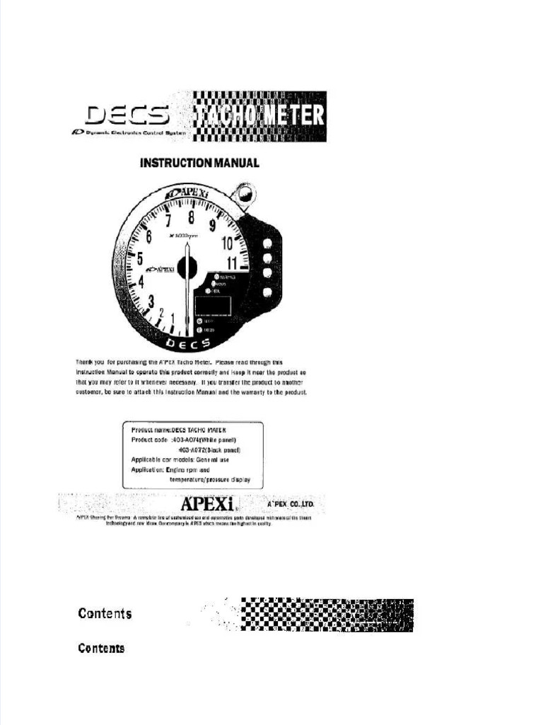 Apexi Installation Instruction Manual Decs Tachometer | PDF