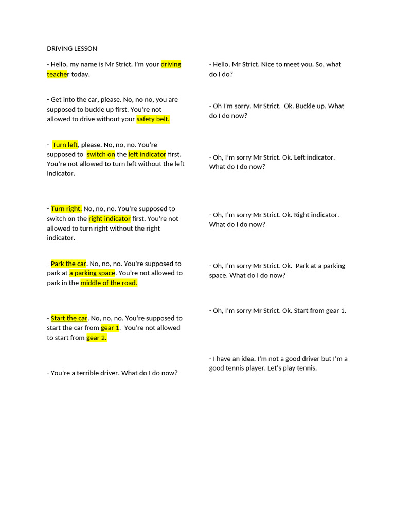 Driving Lesson Skit Fun | PDF