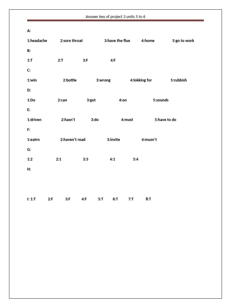 Answer Key of Project 3 Units 5 To 6 | PDF