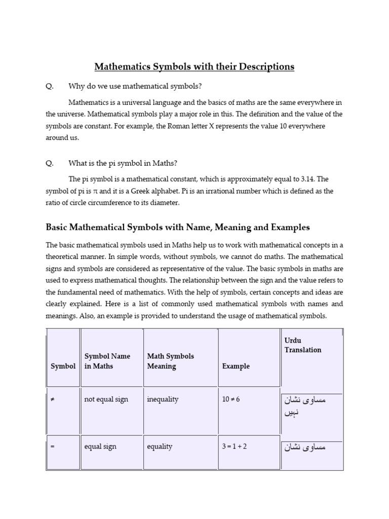 Mathematics Symbols with their Descriptions | PDF