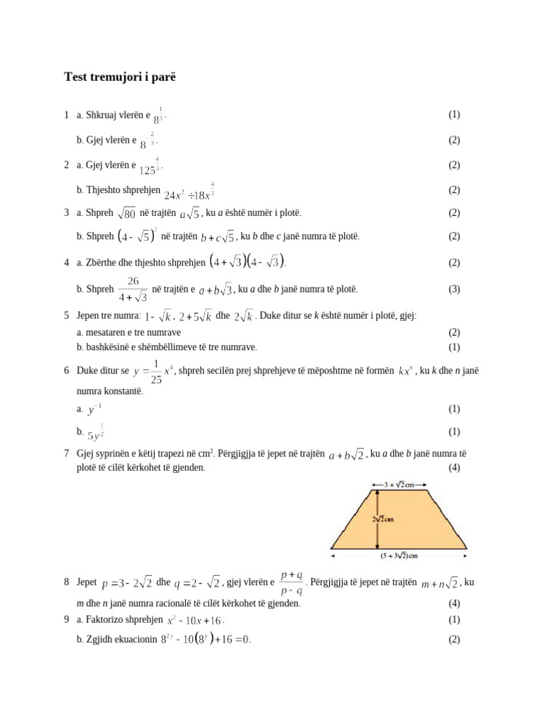 Teste Tremujori i Pare Matematika 12 | PDF