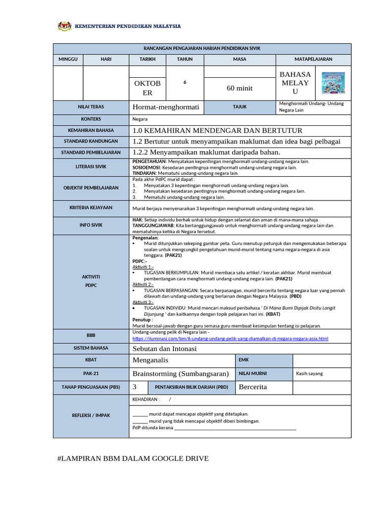 RPH BM THN 6 V2 PSVK 7 (Okt #Hormat Menghormati) | PDF