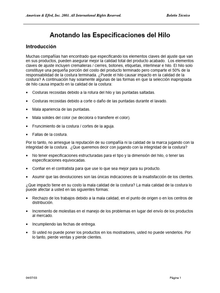 Especificaciones de hilo | PDF