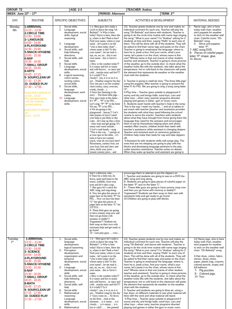 Play School Planning T2 Jun 13th - 17th | PDF