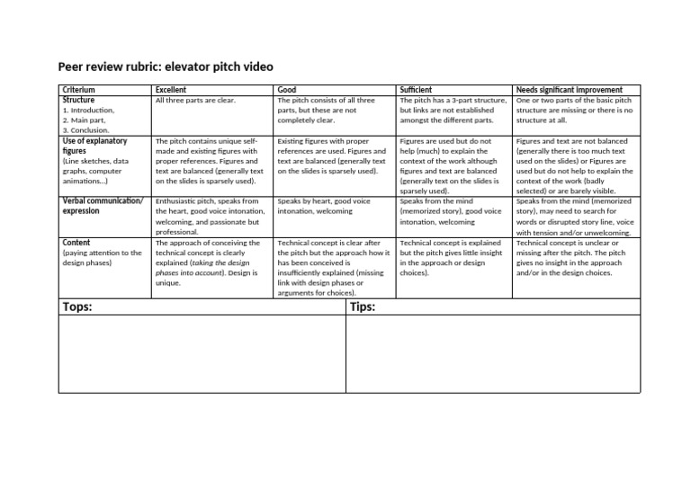 Rubric Peer Review - Elevator Pitch Videos | PDF