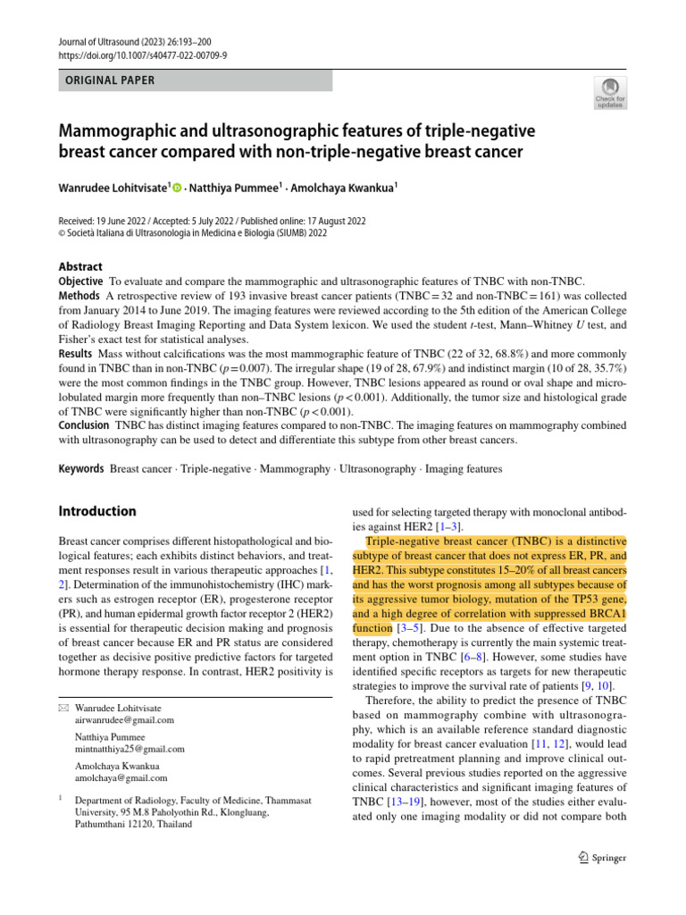 Mammographic and Ultrasonographic Features of Triple Negative Breast Cancer Compared With Non ...