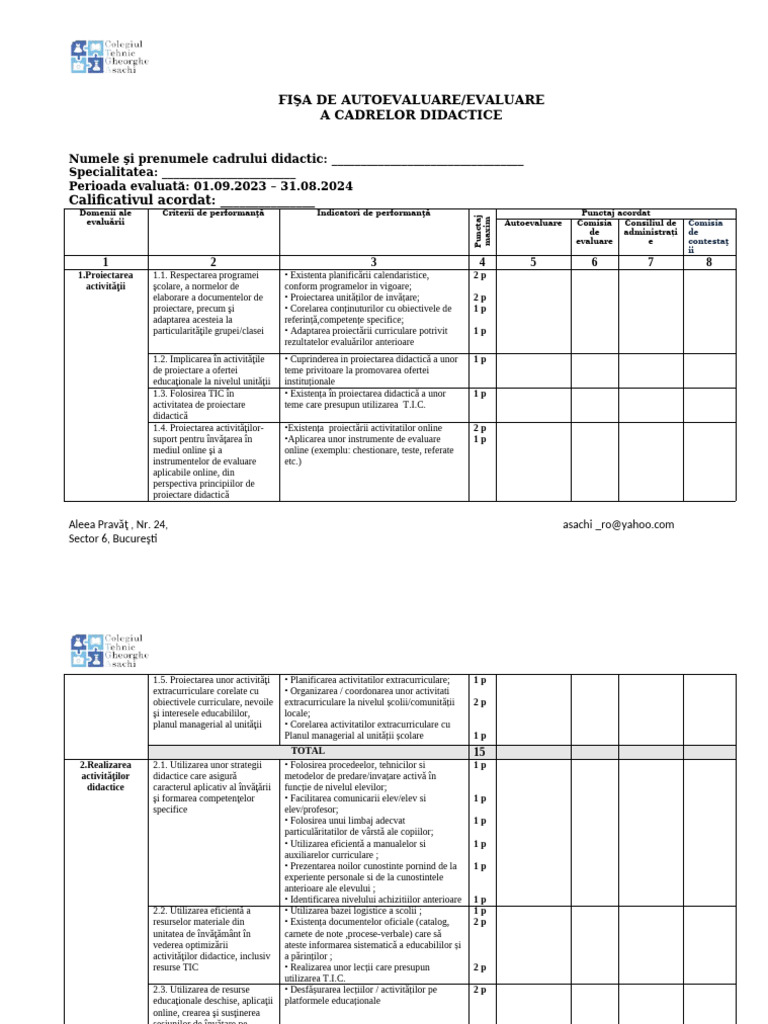Fisa Autoevaluare Cadre Didactice 2024 Asachi | PDF