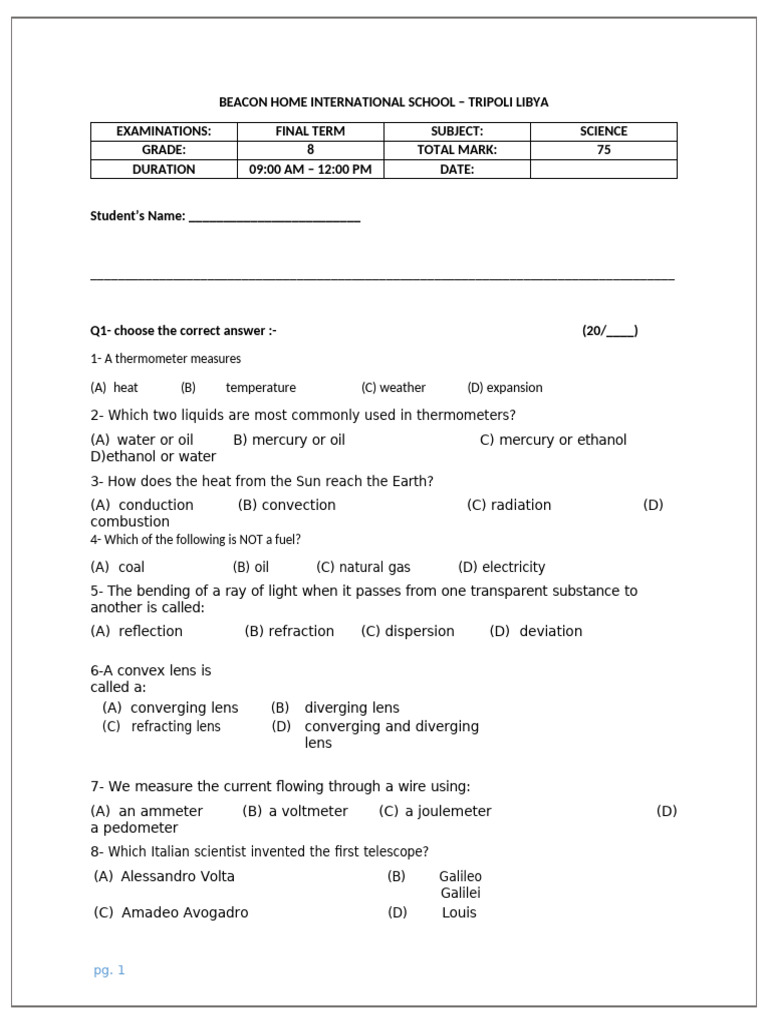 Grade 8 Final Exam (May) | PDF | Gases | Liquids