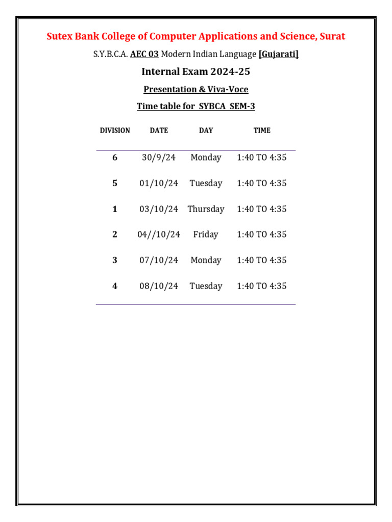 S.Y.B.C.a. AEC 03 Modern Indian Language (Gujarati) Time Table | PDF