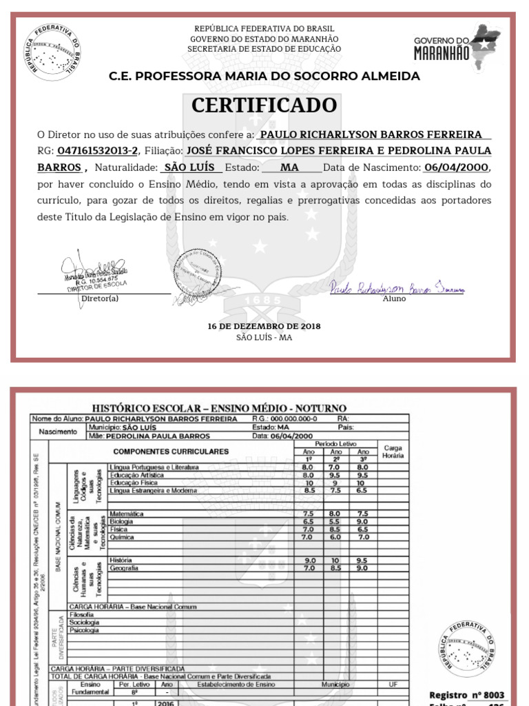 Certificado de Conclusão Do Ensino Médio Paulo Richarlyson Barros Ferreira | PDF