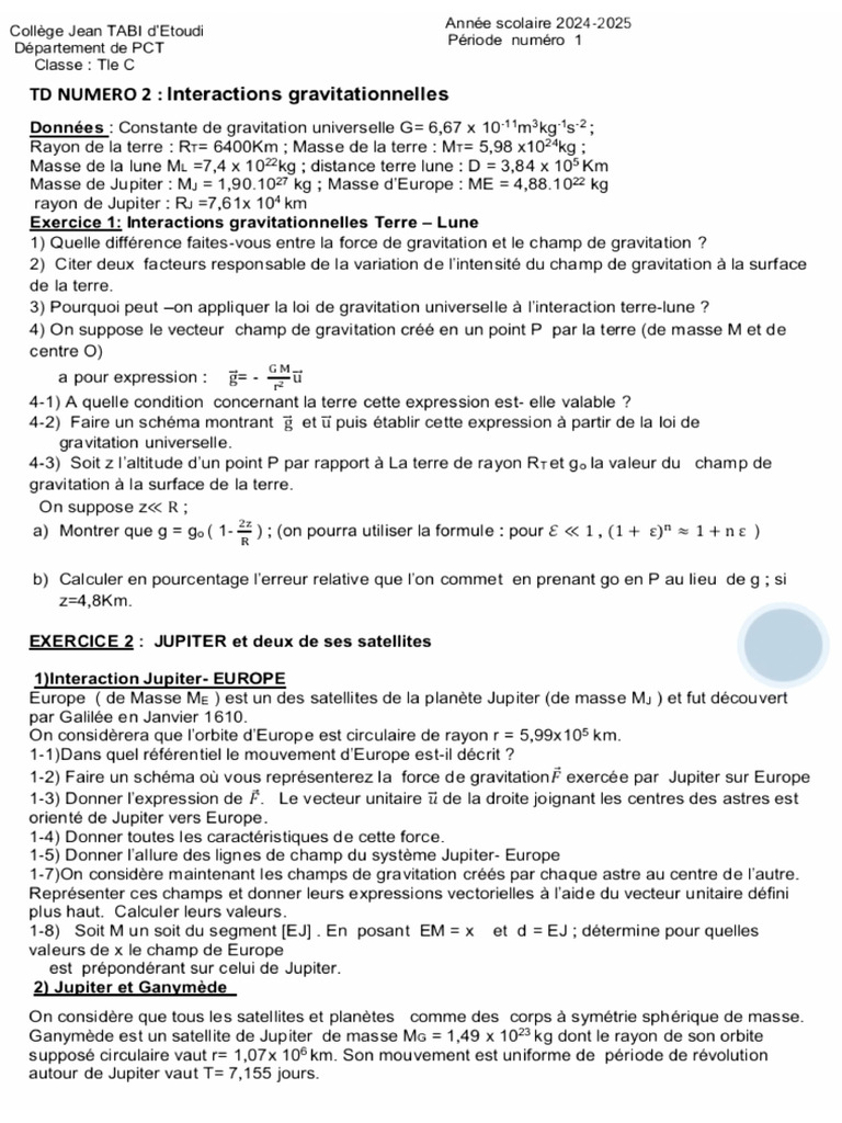 TD Numéro Physique Tle C 2024-2025 | PDF