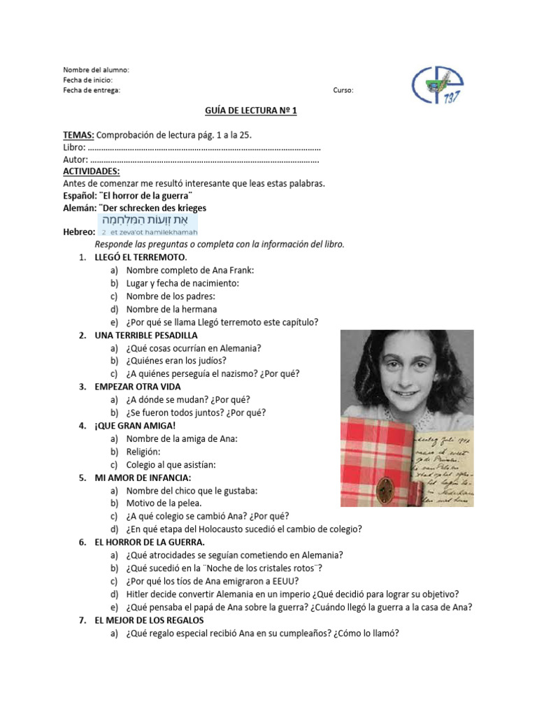 Guía de lectura Nº1 Me llamo...Ana Frank 1º año. | PDF