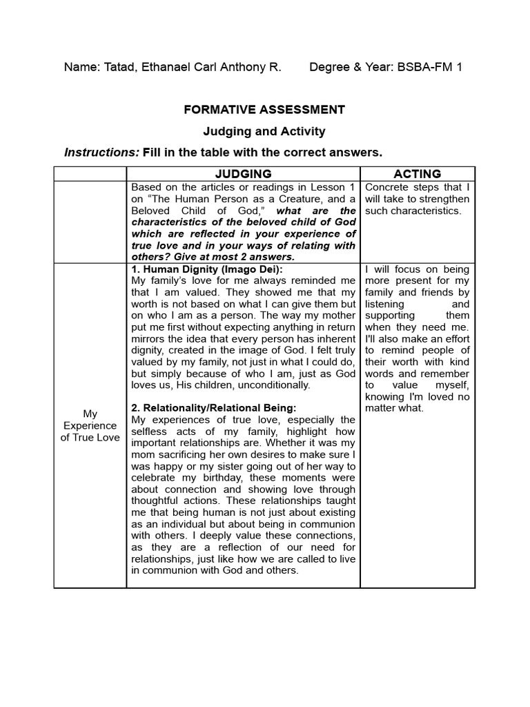 CHAPTER 1 - Lesson 1 - Judging and Acting Activity | PDF