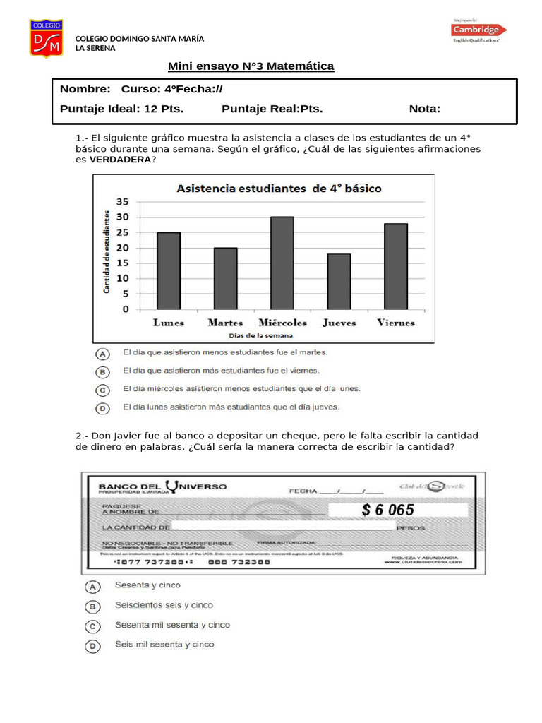 Mini Ensayo N°3 Matemática | PDF